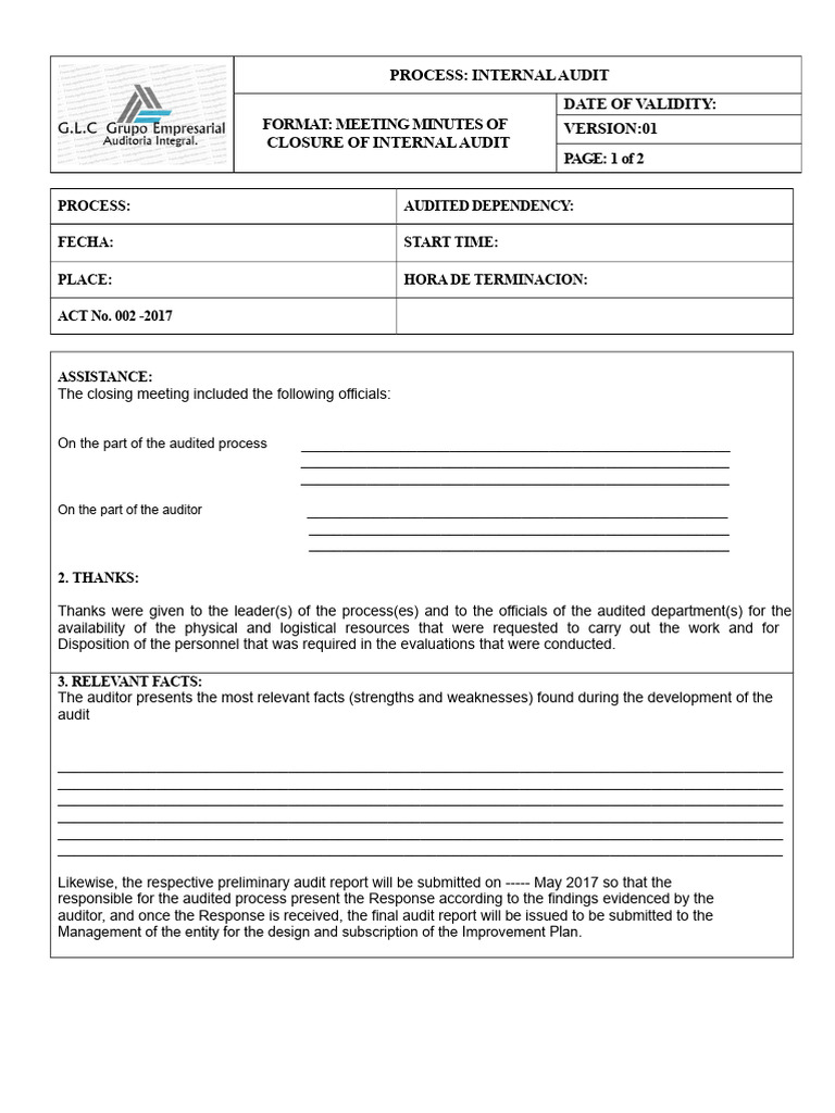 Internal Audit Closure Meeting Minutes | PDF | Audit | Internal Audit
