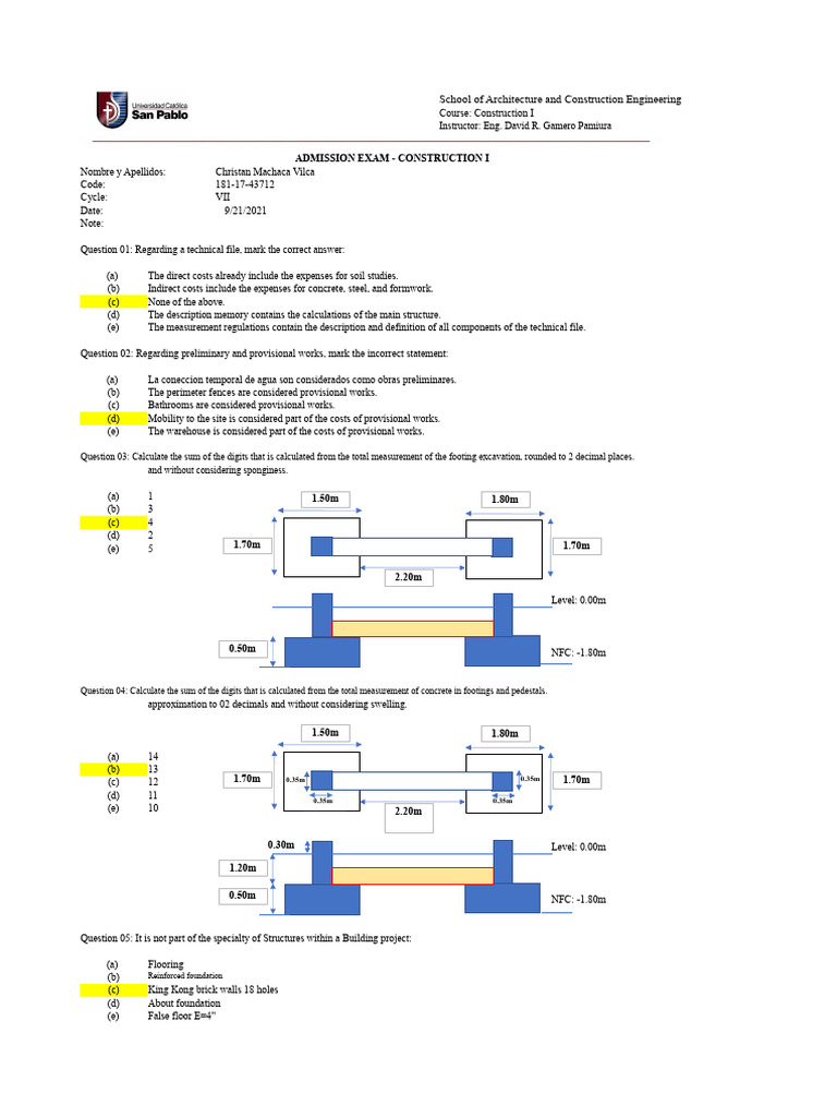 Construction I Admission Exam Questions | PDF