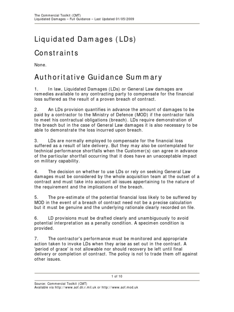 Liquidated Damages Guidance for MOD | PDF | Damages | Liquidated Damages