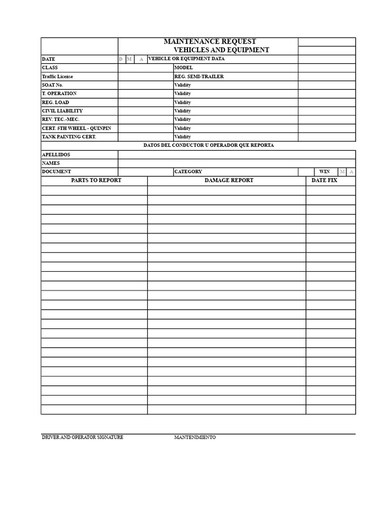 Vehicle Maintenance Request Form | PDF