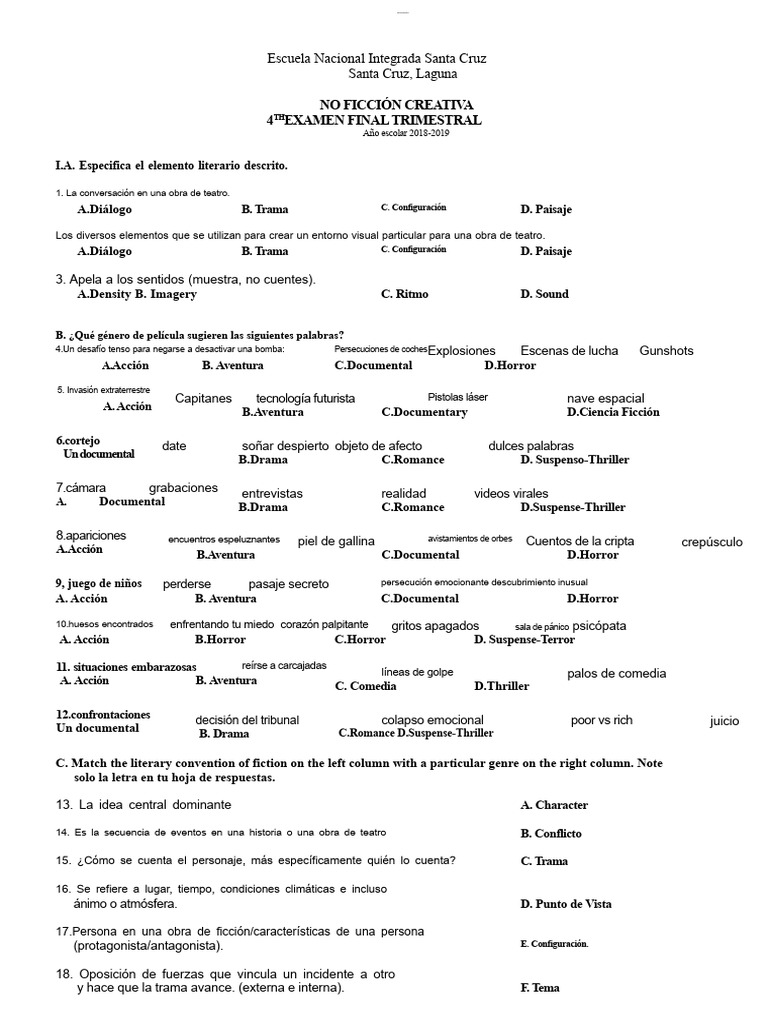 Examen Final Trimestral G 12 No Ficción Creativa Tos | PDF | Teatro ...