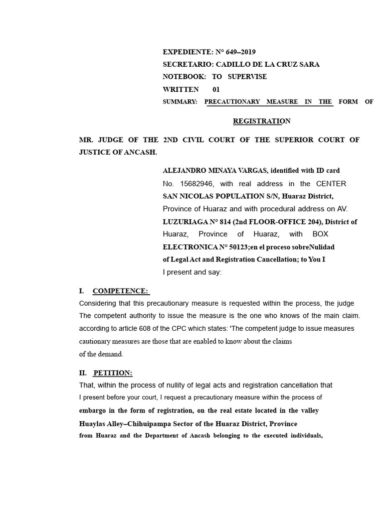 Precautionary Measure Request in Huaraz | PDF | Justice | Crime & Violence