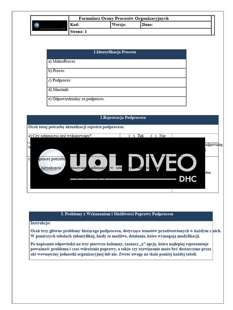Formularz Oceny Procesów Organizacyjnych | PDF