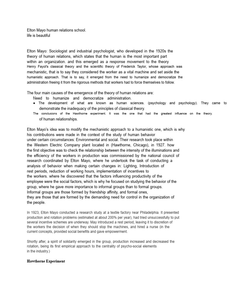 Elton Mayo - Human Relations School | PDF | Incentive | Psychology