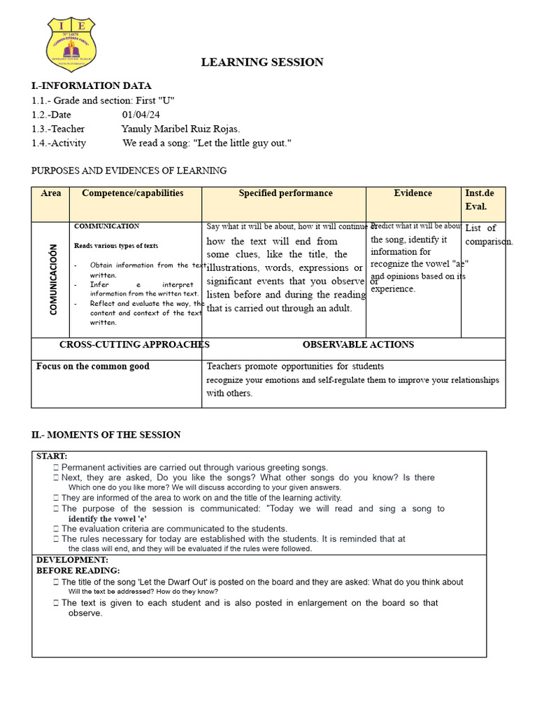 First Grade Reading Session Plan | PDF | Information | Cognition