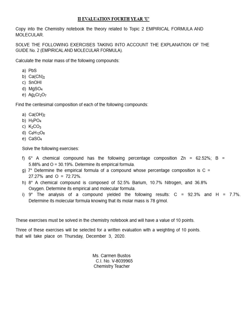 Exercises On Empirical and Molecular Formula | PDF