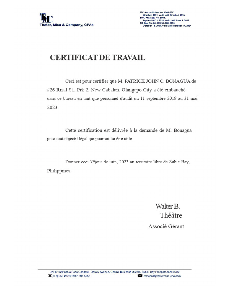 Certificat de travail de M. Bonagua | PDF