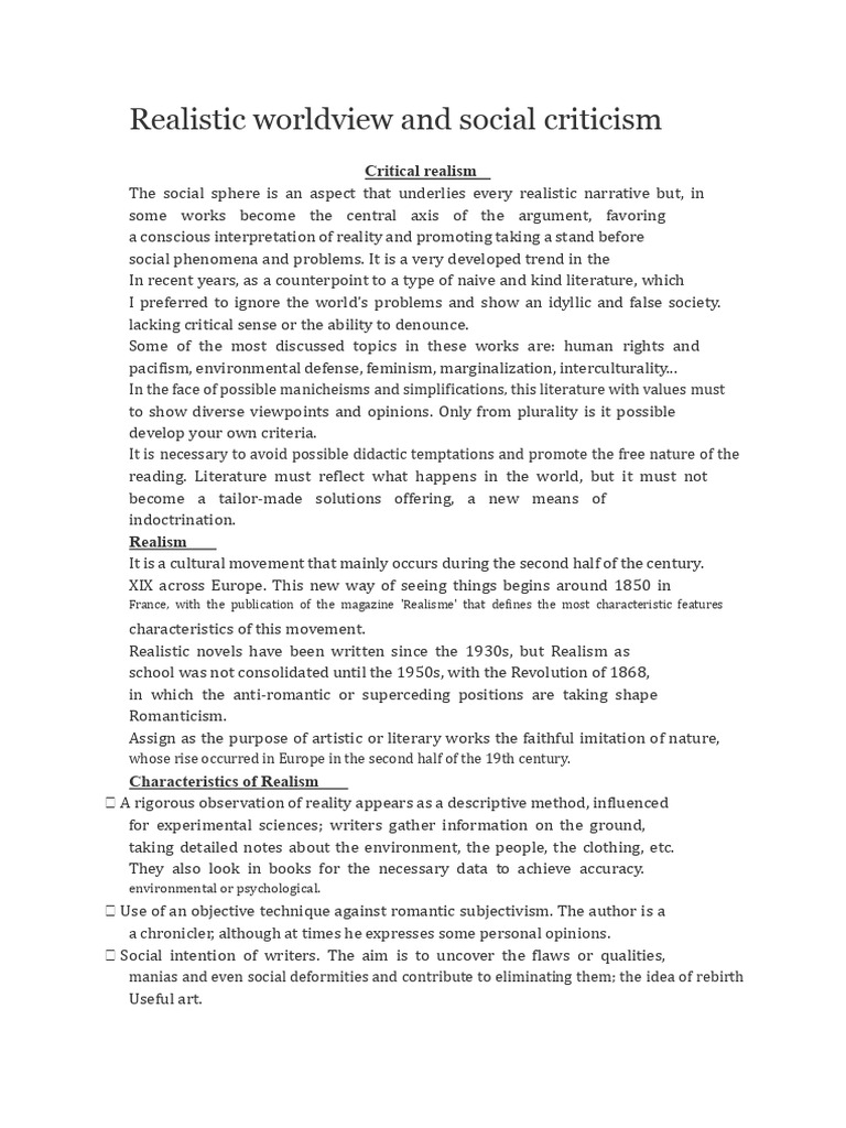 Realistic Worldview and Social Critique | PDF | Literary Realism ...
