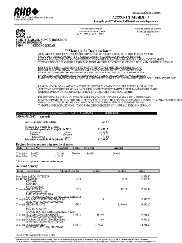 Estado de Cuenta RHB: Julio 2022 | PDF | Bancos | Cheque