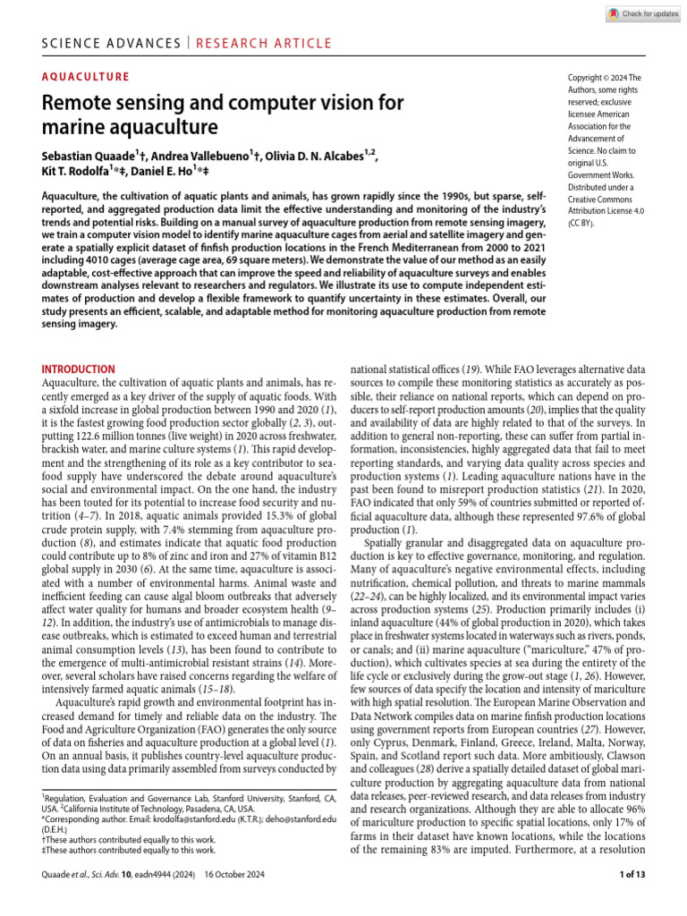 Remote Sensing and Computer Vision For | PDF | Aquaculture | Remote Sensing