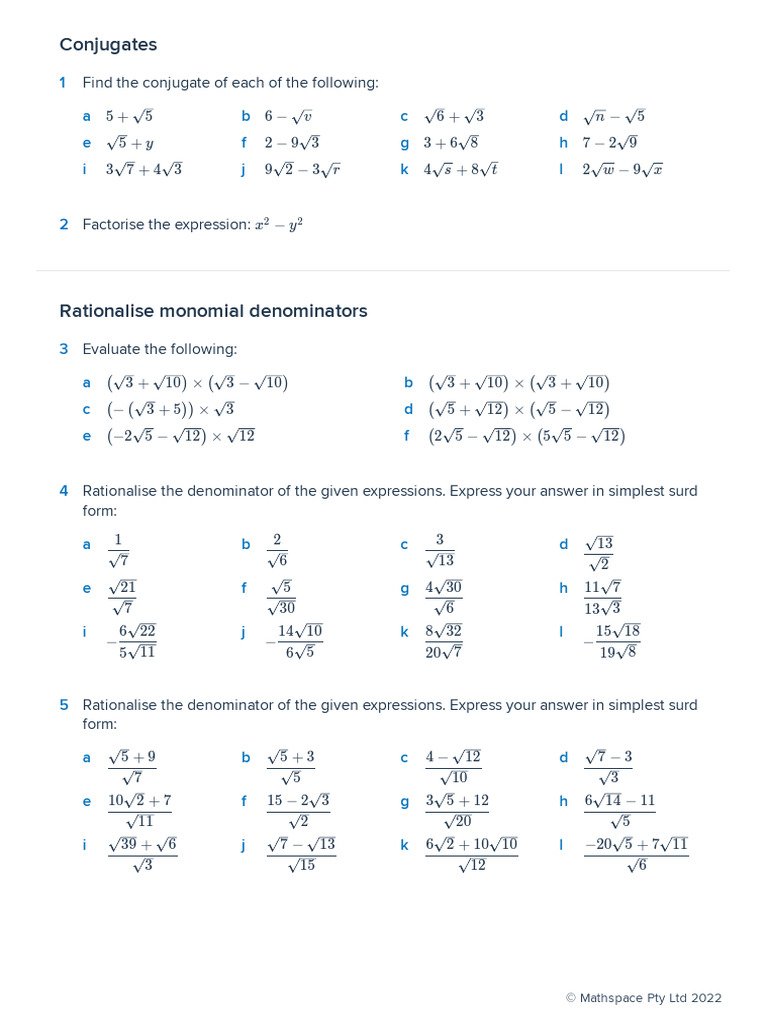 2.05 Rationalising The Denominator - Worksheet | PDF | Mathematical ...