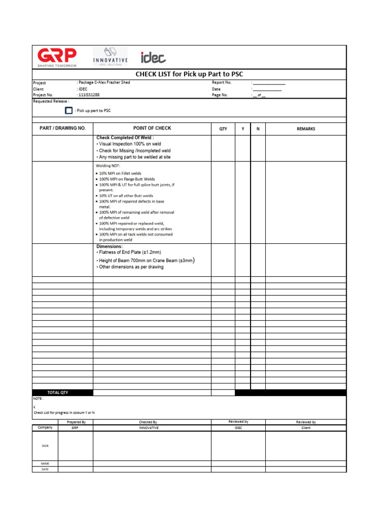 Form Cek List Before Pick Up To PSC | PDF