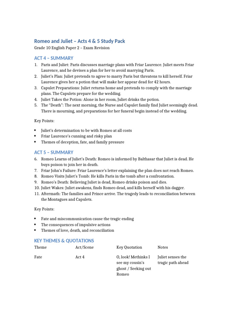 Romeo and Juliet Acts 4 & 5 Study Guide | PDF | Characters In Romeo And ...