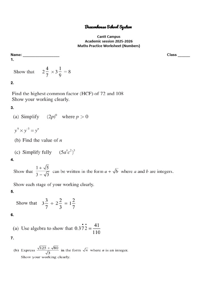 IG 9 Maths Numbers Worksheet | PDF