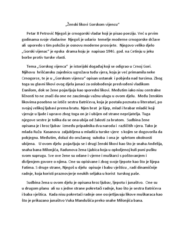 Ženski Likovi U Gorskom Vijencu | PDF