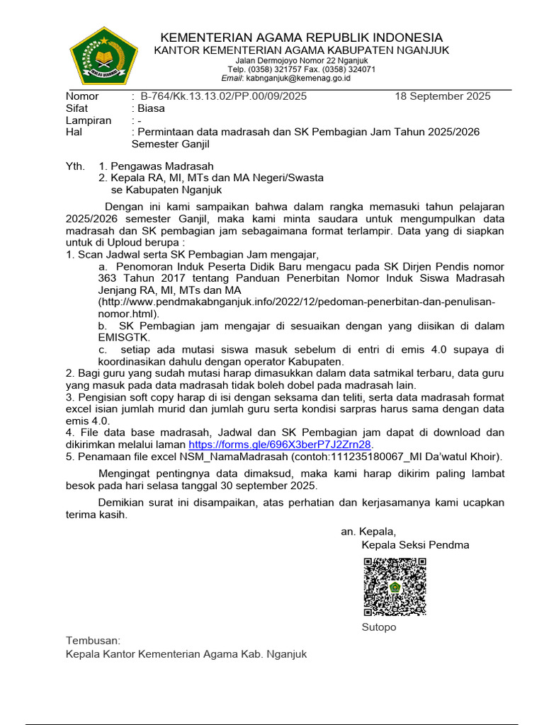 Permintaan Data Madrasah Dan SK Pembagian Jam Tahun Pelajaran 20252026 ...