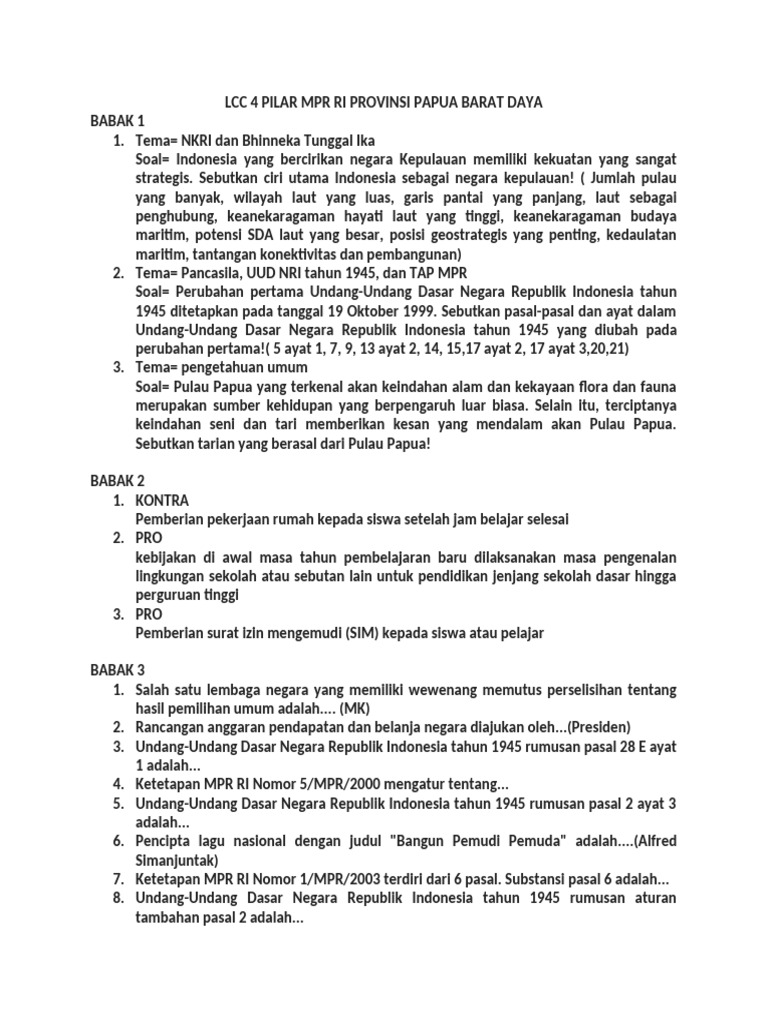 LCC 4 Pilar MPR Ri Provinsi Papua Barat Daya | PDF