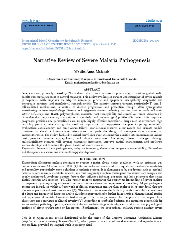Severe Malaria Pathogenesis Review | PDF | Malaria | Plasmodium Falciparum