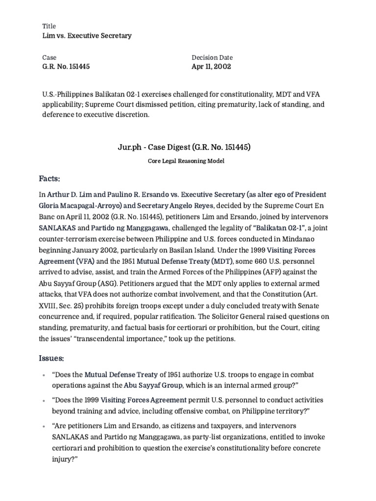 Lim vs. Executive Secretary Case Summary | PDF | Justice | Crime & Violence