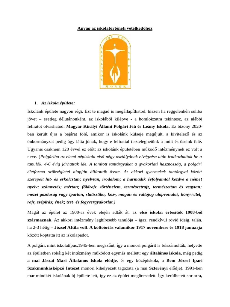 Anyag Az Iskolatörténeti Vetélkedőhöz | PDF