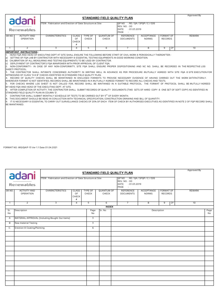 Standard Field Quality Plan for Gate Structure | PDF | Specification ...