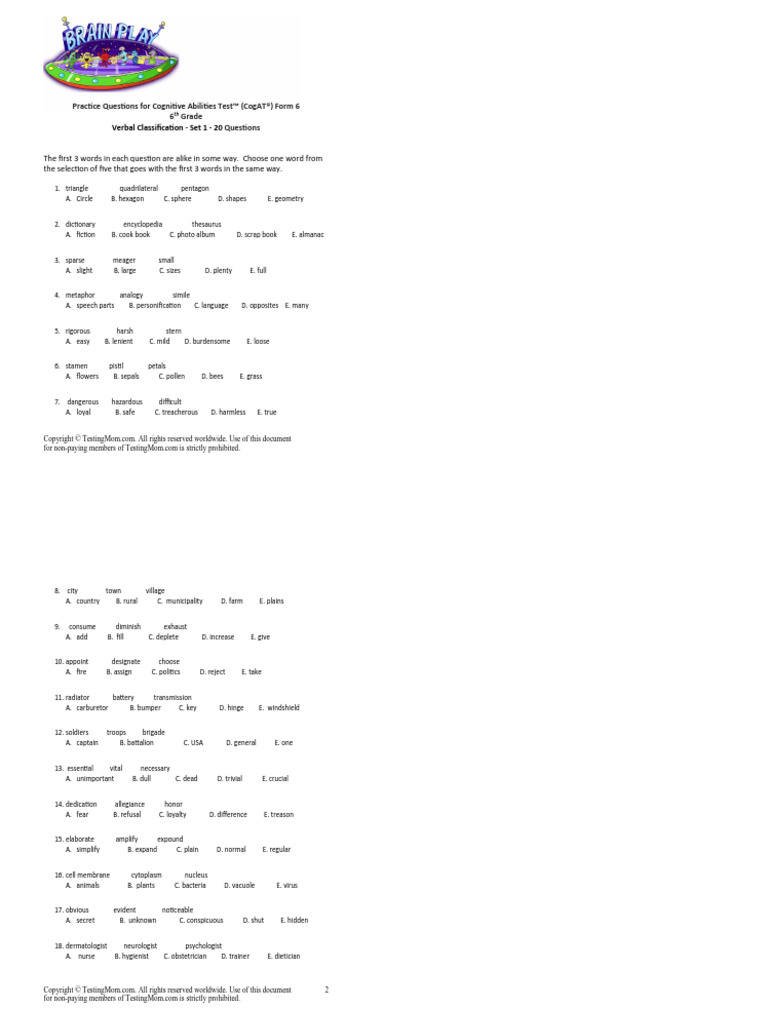 CogAT Form 6 6th Grade - Verbal Classification - Set 1 | PDF