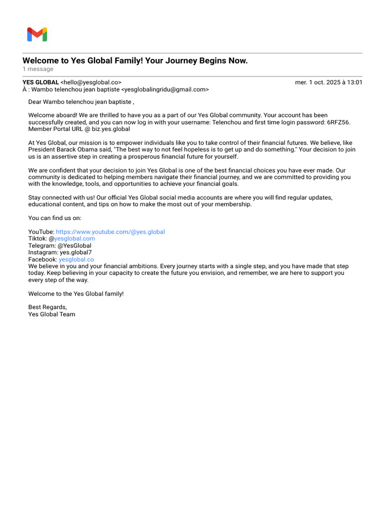 Gmail - Welcome To Yes Global Family! Your Journey Begin Now. | PDF