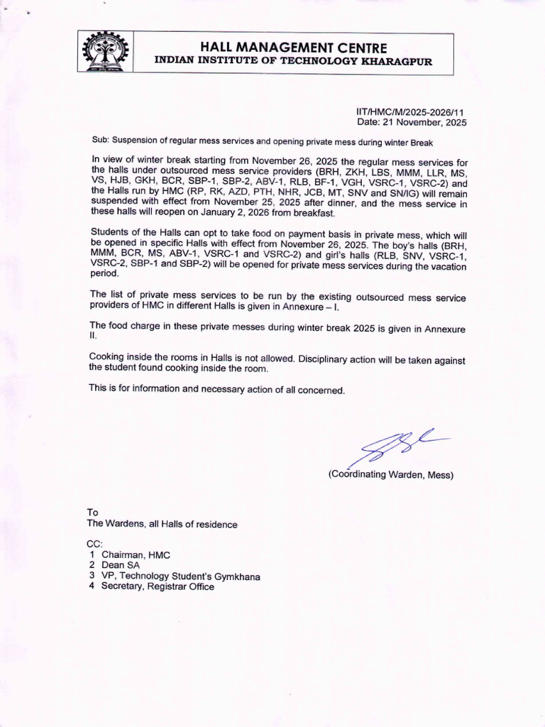 Suspension of Mess and Opening Private in Winter Vacation 2025 | PDF ...