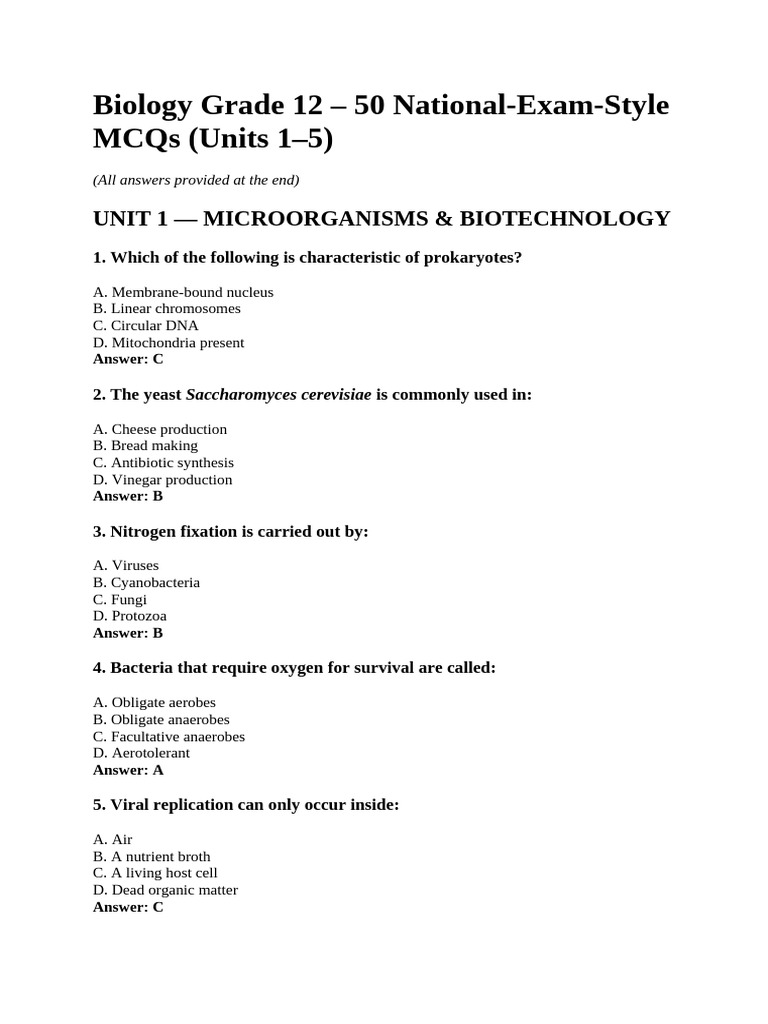 Grade 12 Biology: 50 Exam-Style MCQs | PDF | Evolution | Cell (Biology)