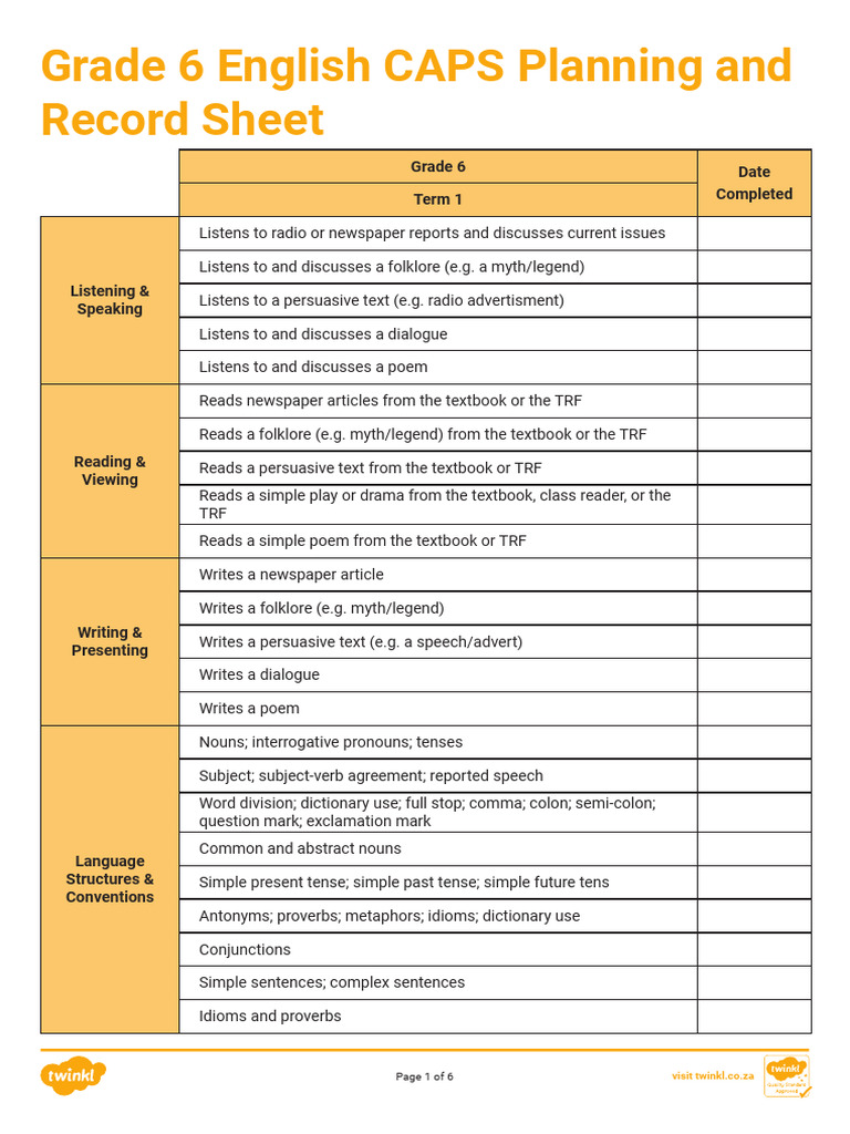 Grade 6 English CAPS Planning Sheet | PDF | Verb | Grammatical Tense