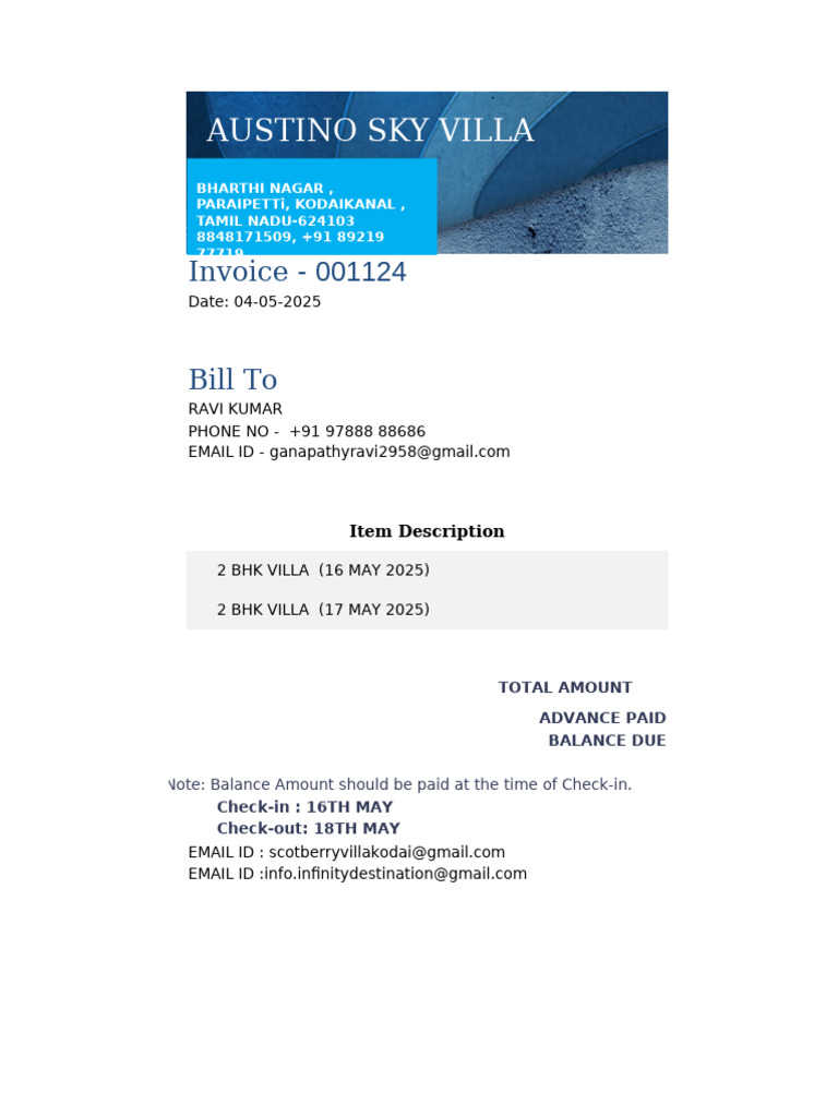 Advance Payment Receipt for Villa Booking | PDF