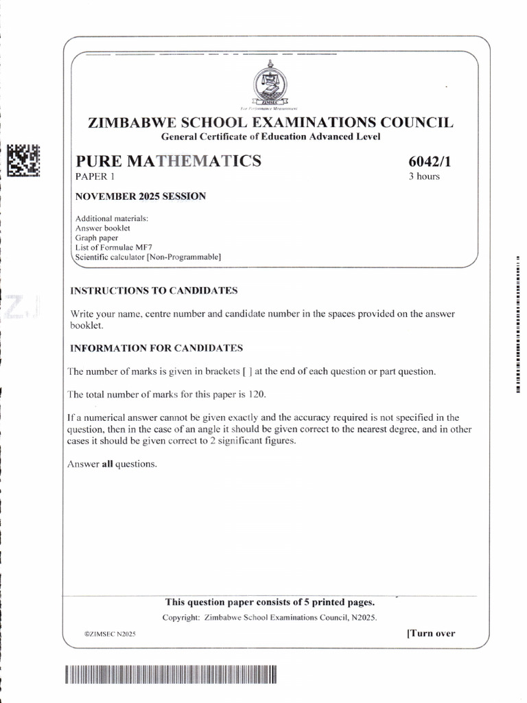 ZIMSEC A-Level Pure Mathematics Exam 2025 | PDF | Equations ...