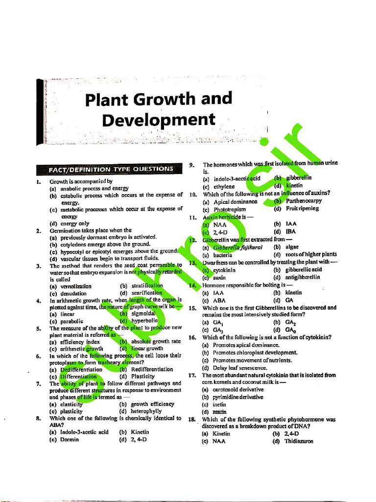 Practice Paper - Plant Growth and Development | PDF