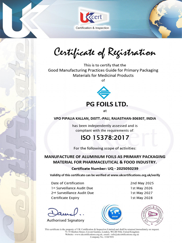 PG New GMP 15378-2017 Certificate 2025 | PDF