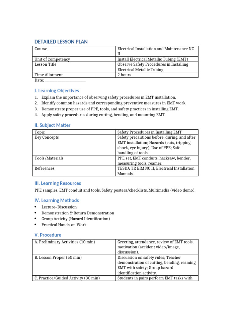 Detailed Lesson Plan EMT | PDF | Safety | Lesson Plan