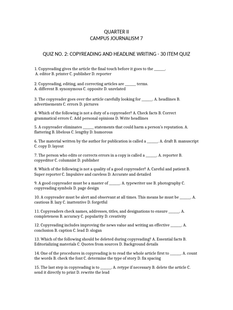 Copyreading and Headline Writing Quiz | PDF | Copy Editing | Linguistics