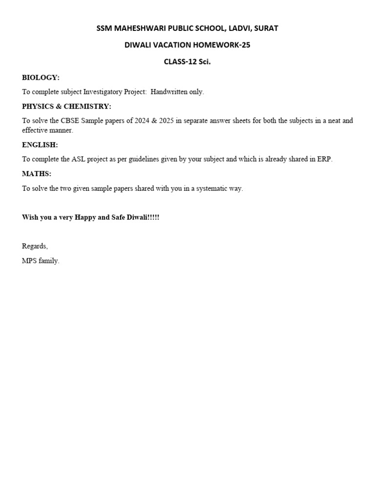 12 Sci. Diwali Vacation Homework 25 | PDF
