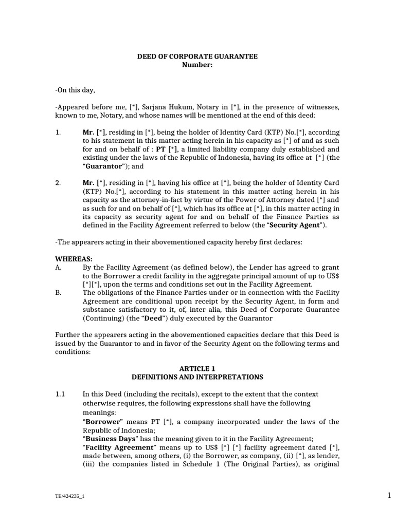 Deed of Corporate Guarantee - English Versi | PDF | Guarantee | Indemnity