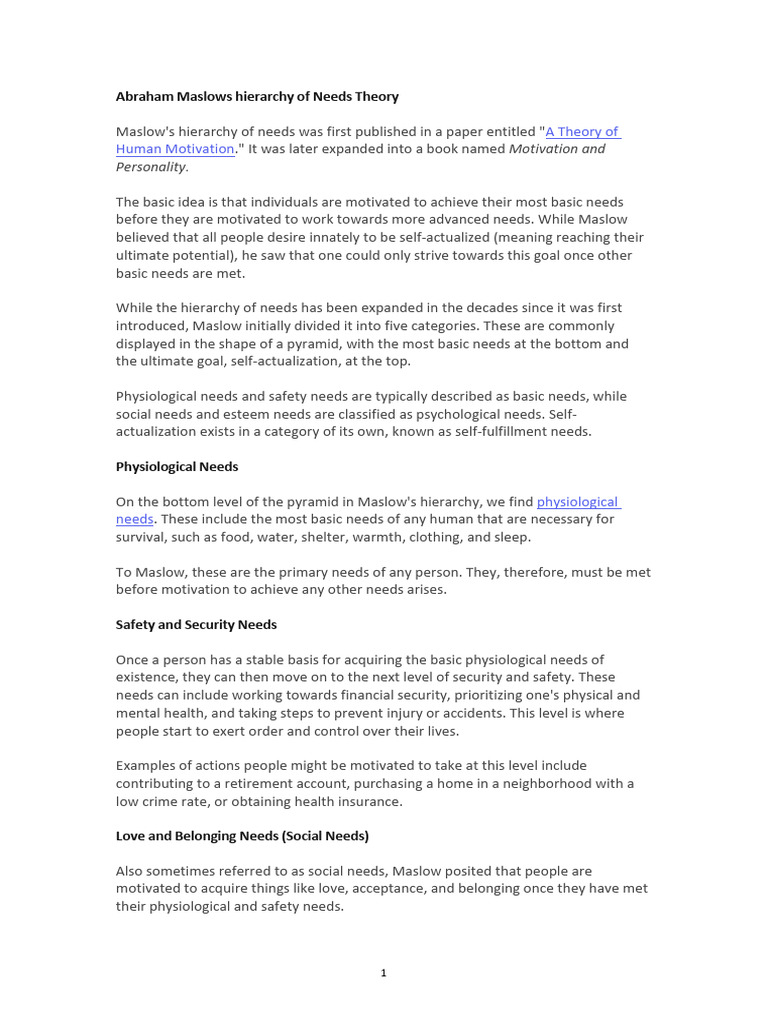 Abraham Maslows Hierarchy of Needs Theory | PDF | Self Actualization ...