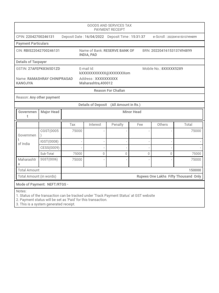 GST Challan Receipt of Rs150000 | PDF