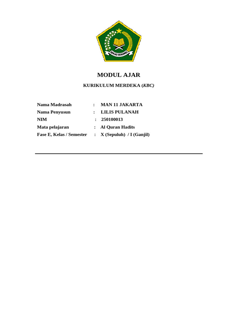 Modul Ajar Al Quran Hadits 10 KBC Mamah | PDF