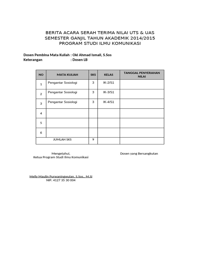 Serah Terima Nilai UTS UAS Ilmu Komunikasi | PDF