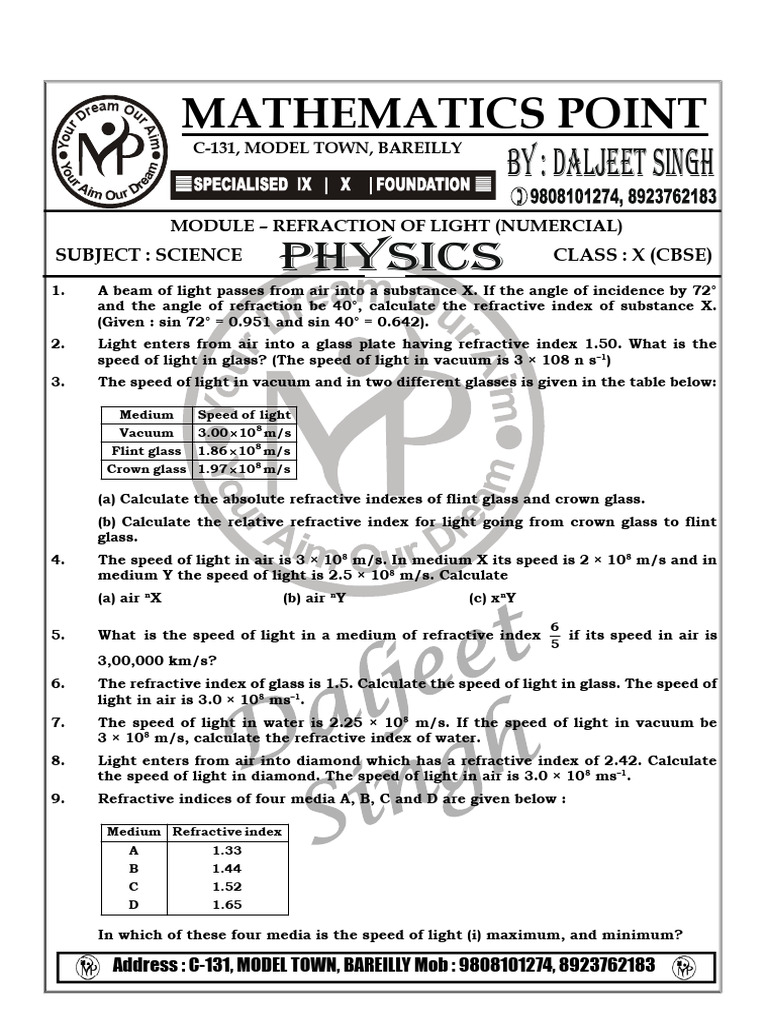 Class X Light Reflection Numericals | PDF | Optics | Light