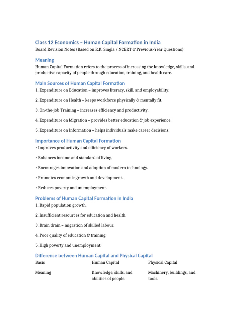 Human Capital Formation Class12 Revision | PDF | Human Capital ...