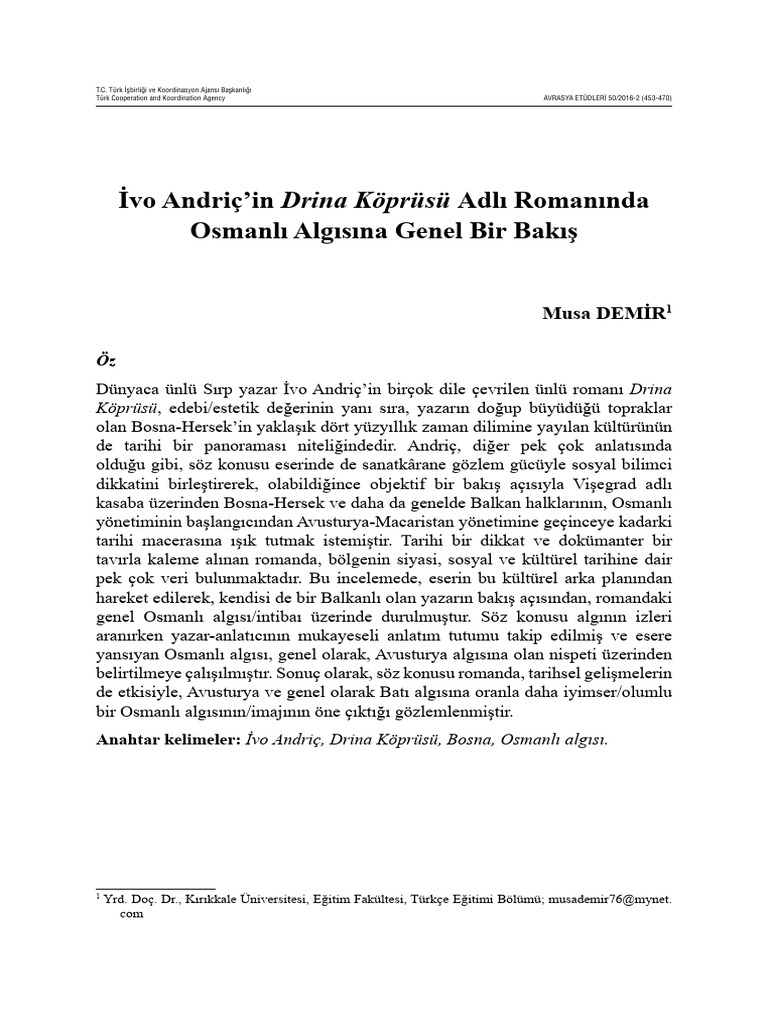 İvo Andriç'in Drina Köprüsü Adlı Romanında Osmanlı Algısına Genel Bir ...