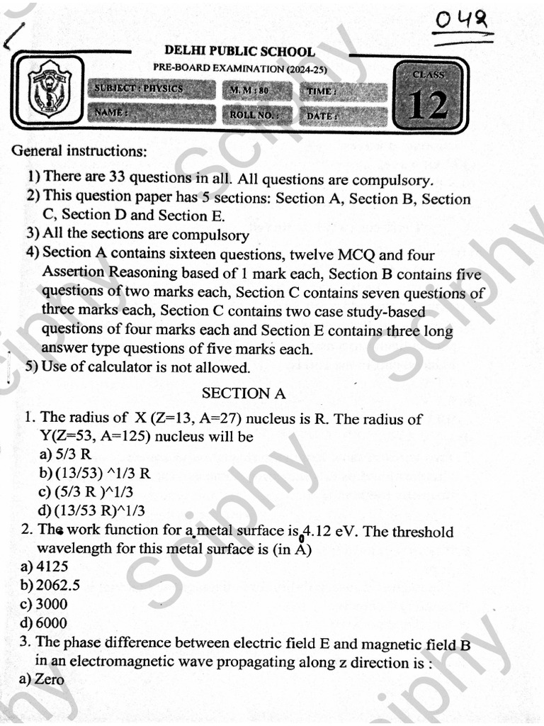 DPS School Preboard Paper Class 12 Physics | PDF