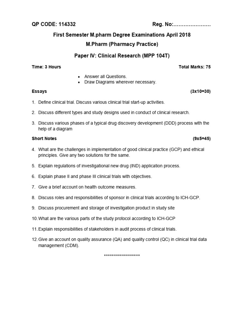 QP CODE: 114332 Reg. No: . First Semester M.pharm Degree Examinations ...