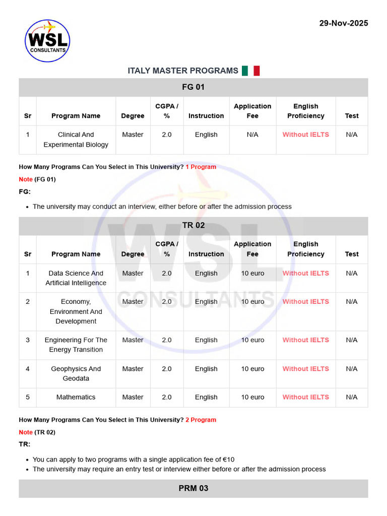 Italy Master Programs (29!11!2025) | PDF | International English ...