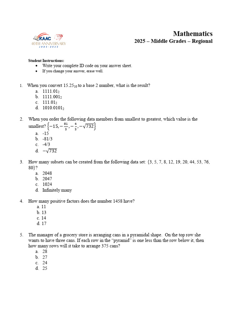 Mathematics: 2025 - Middle Grades - Regional | PDF | Triangle | Circle