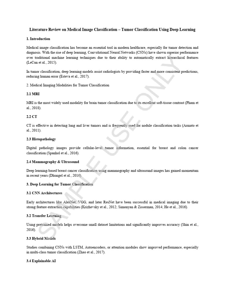 ? Literature Review On Medical Image Classification - Tumor ...